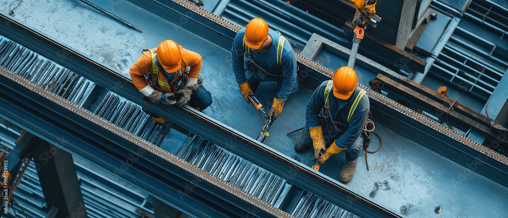 Three construction workers in safety gear collaborating on a steel ...