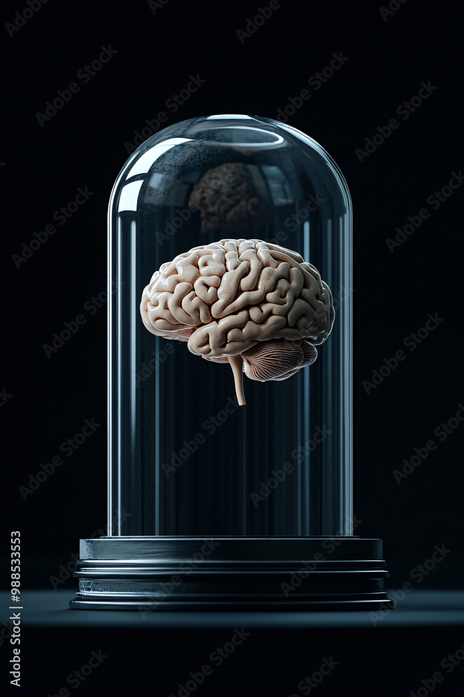 Mind. Human brain suspended in a futuristic glass container. Isolated ...