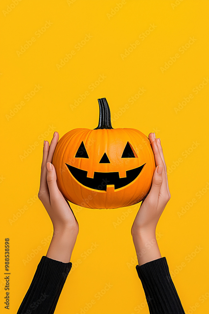 Hands holding a carved Halloween pumpkin, isolated on a yellow ...