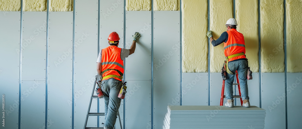 Two workers in safety gear apply insulation in a modern building ...