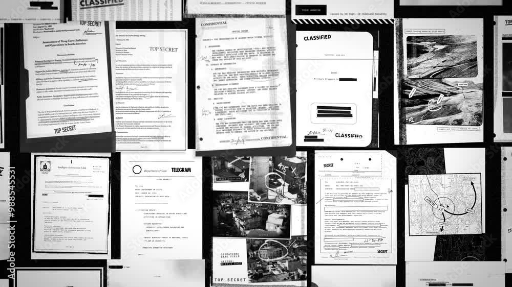 Zoom out move showing many different classified looking documents and ...