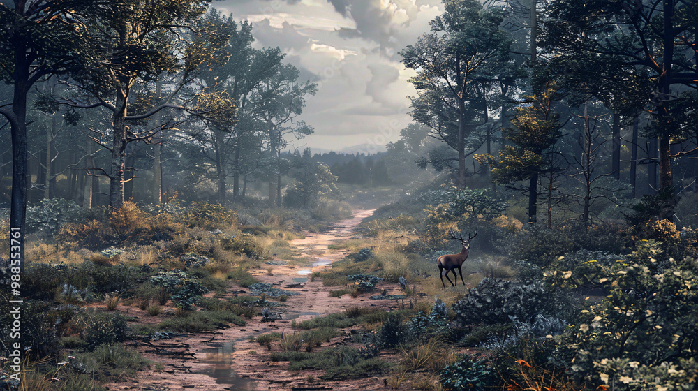 Secluded forest with thick underbrush on the left and a clear and muddy ...