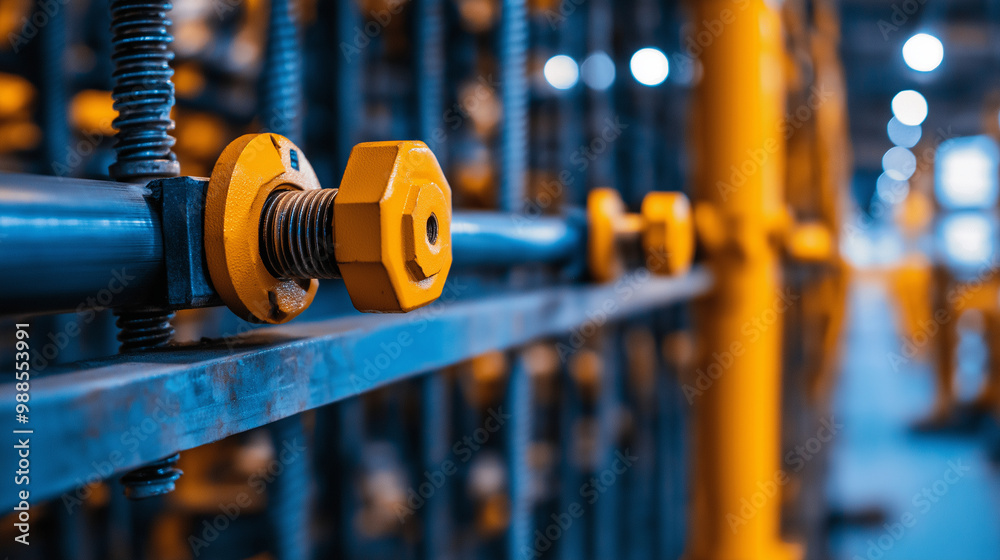 A tight focus on the scaffolding bolts and clamps, demonstrating the ...