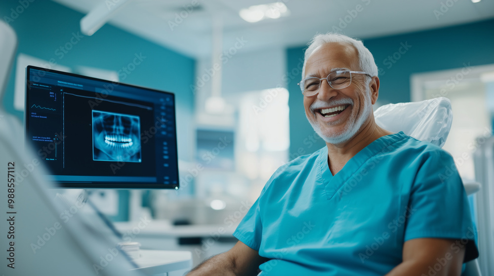 A senior patient beams with a bright smile, as the dentist reviews ...