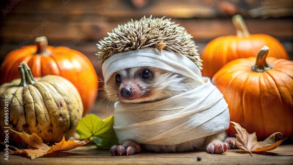 Adorable hedgehog wrapped in bandages like a mummy, surrounded by ...