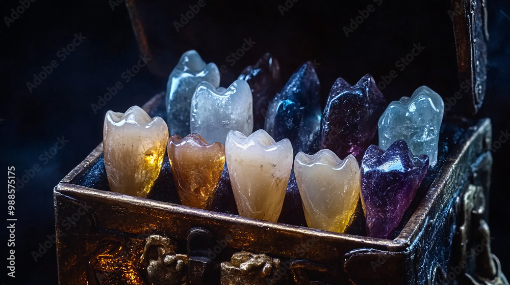 Teeth. Human teeth as gemstones in a treasure chest. Dark background ...