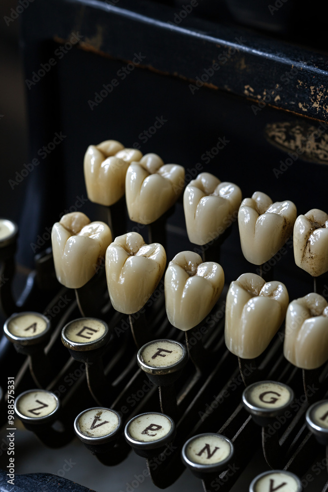 Teeth. Human teeth as keys on a typewriter. Dark background ...