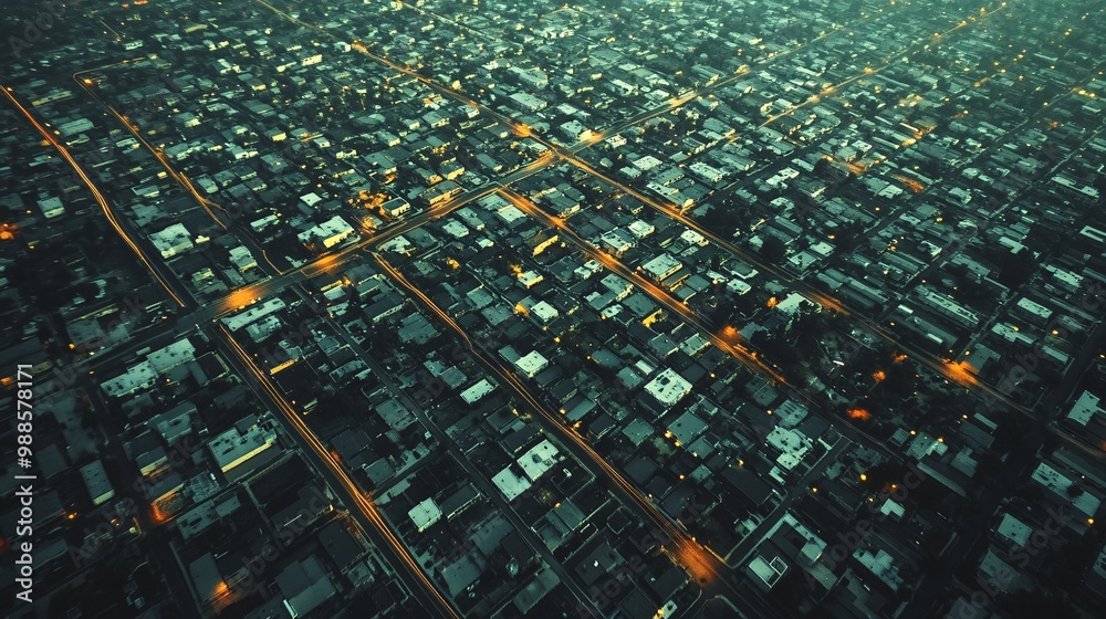 A drone’s aerial view of a sprawling urban area with designated safe ...