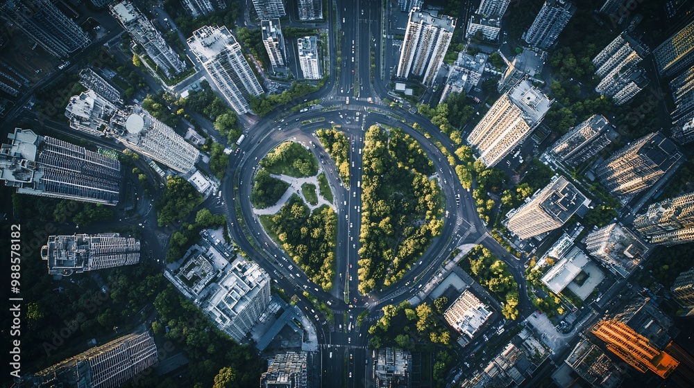 A drone’s aerial view of a sprawling urban area with designated safe ...