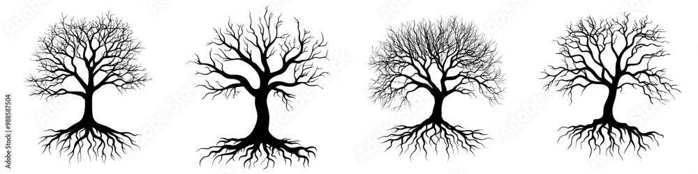 Modern illustration of a creepy dead tree silhouette. Autumn, winter ...