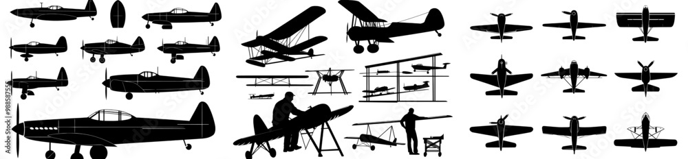 Various silhouettes of an airplane and pilot. Modern aircraft, pilots ...