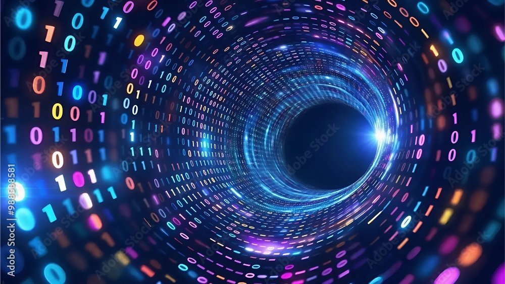 Colorful abstract data tunnel with binary code bytes swirling through a ...