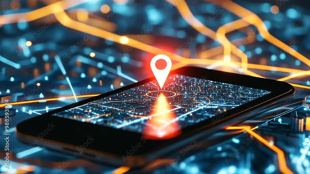 A smartphone showing a GPS map with a highlighted route and blinking location pin, set against a ...