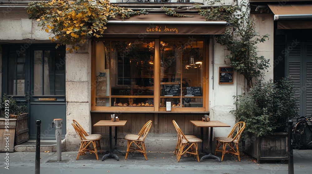 A quaint cafe in Paris with a brown awning and wicker chairs. Stock ...