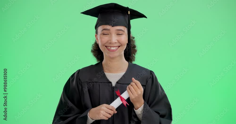 Face, happy woman or graduate with certificate on green screen isolated ...