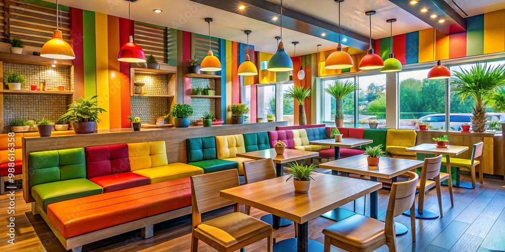 Colorful interior design enhances the fast food experience, with cozy ...