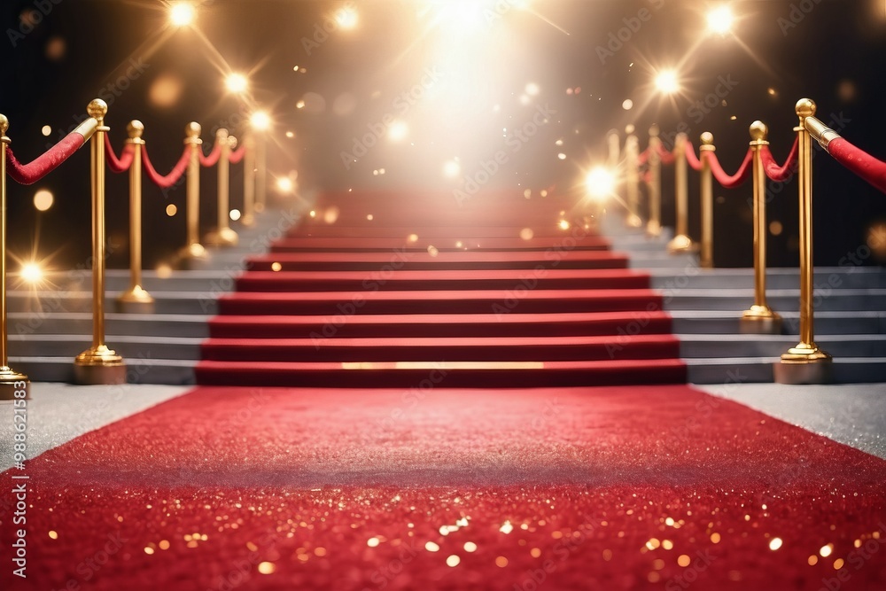 A staircase glamorous red carpet leading up to a stage, creating an ...