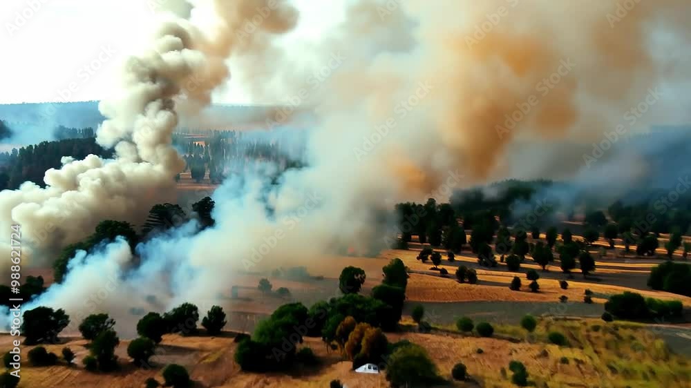 The fierce summer wildfire engulfs dry grass and trees, sending plumes ...