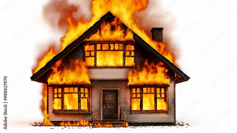 A house is on fire with flames shooting out of the roof. The fire is so ...