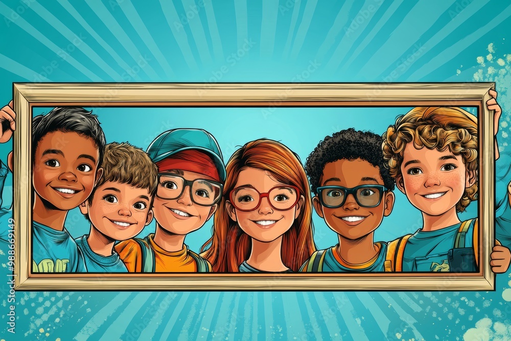Photo frame for group photos of children in comic style. Pop art photo ...