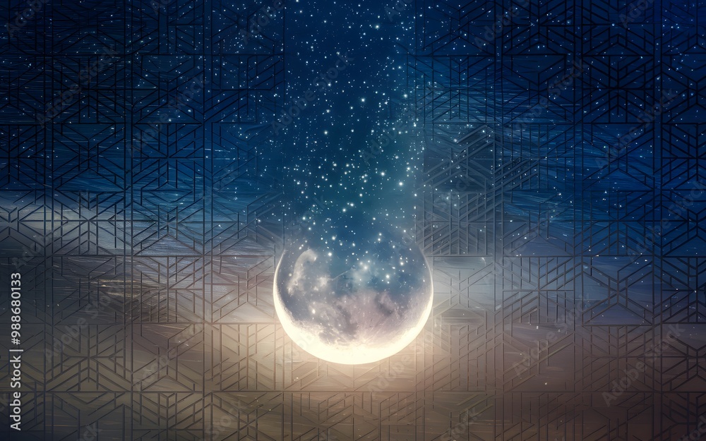 Crescent moon shining brightly in a night sky with stars and a ...