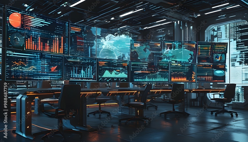 Futuristic digital interface showcasing advanced data visualization across multiple screens in a ...