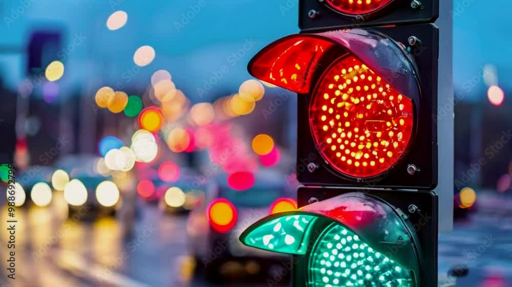 A traffic light displaying red and green signals amidst blurred city ...