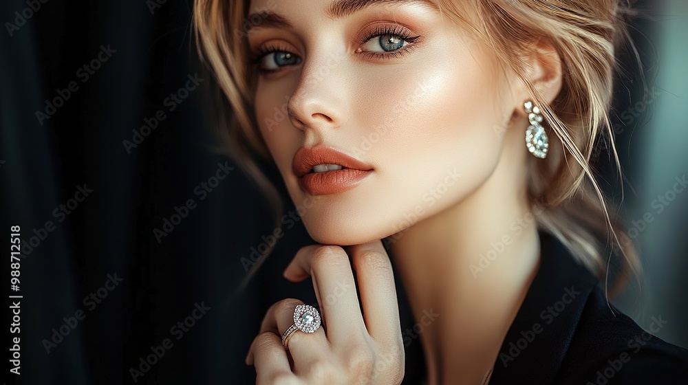 A stylish woman adorned with a diamond ring, captured in a candid pose ...