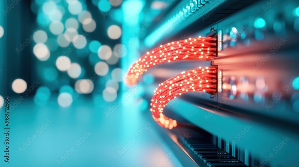 Technicians installing fiber optic cables in a data center ...