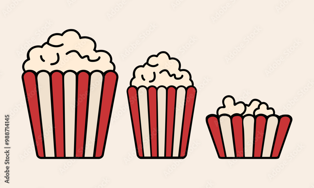 Flat popcorn box. Large, medium and small serving of Popcorn. A basic ...