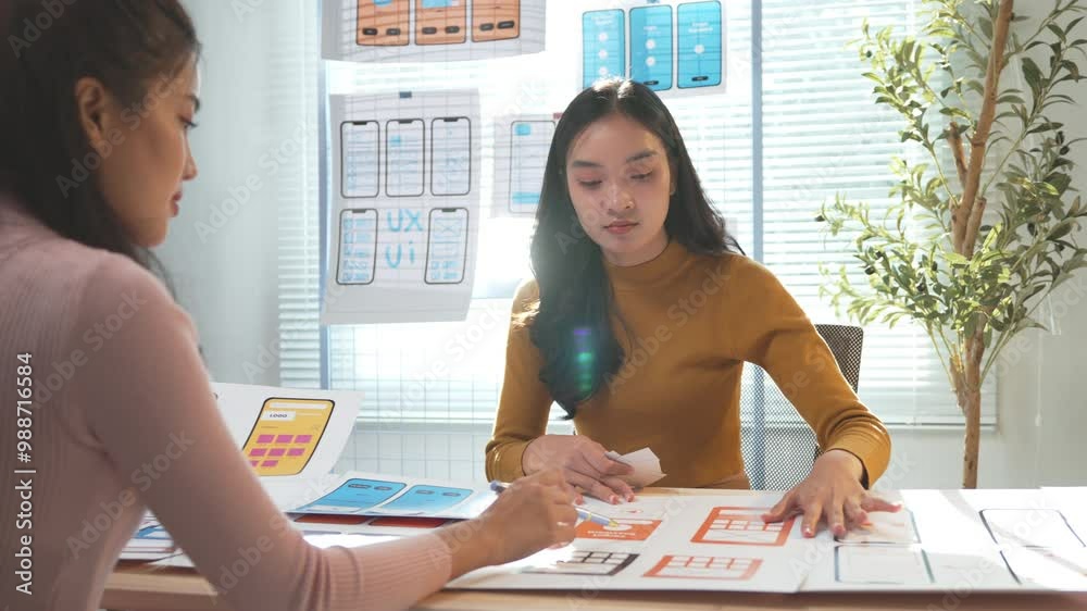 Two asian women collaborate in an office, focusing on the design of a ...