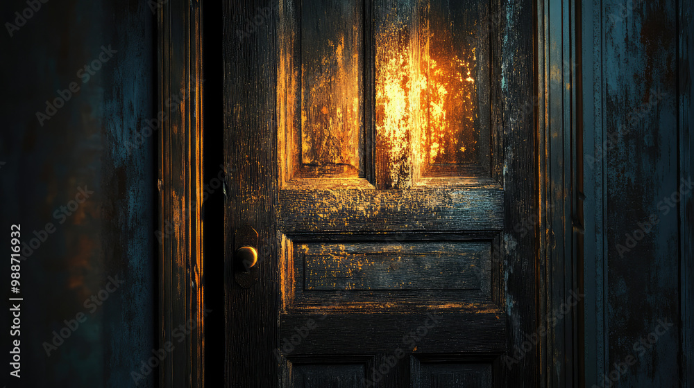 The haunted house door, slightly ajar, reveals a narrow sliver of eerie ...