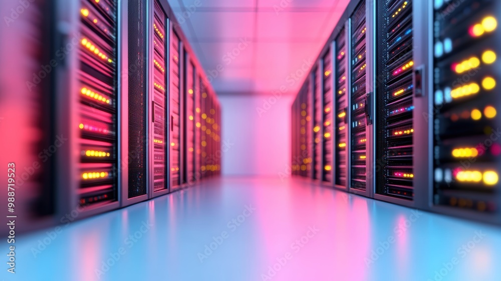 A photo of a server room with rows of servers and network equipment ...