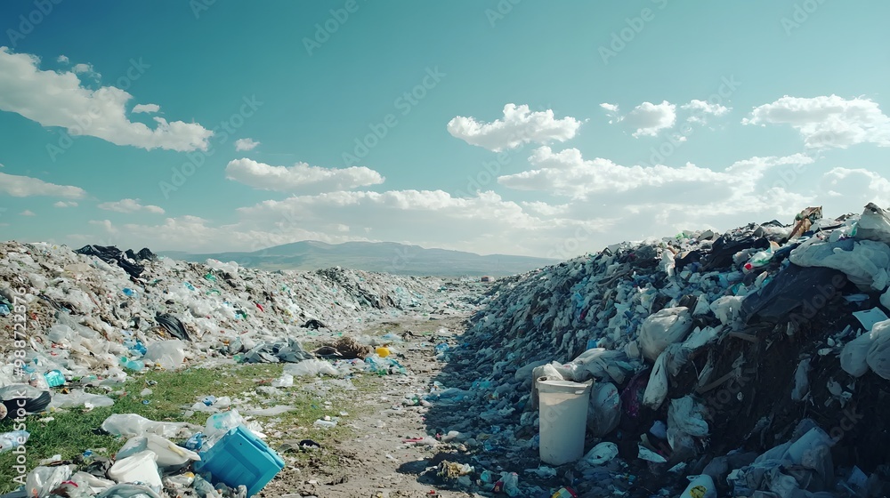 An overflowing landfill site with mountains of trash, visualizing the ...