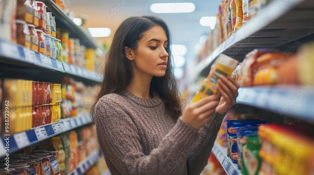 grocery store aisle woman comparing product labels focused expression ...