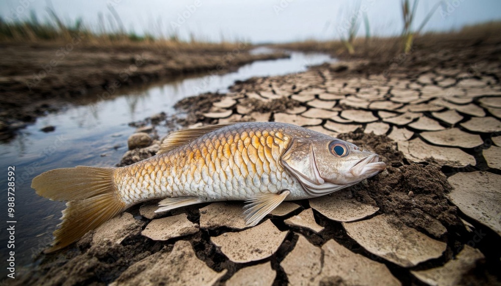 Fotografia do Stock: Dying fish in a driedup riverbed, visualizing the ...