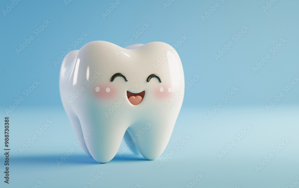 Happy smiling 3D tooth character for dental care. Cute tooth with shiny ...