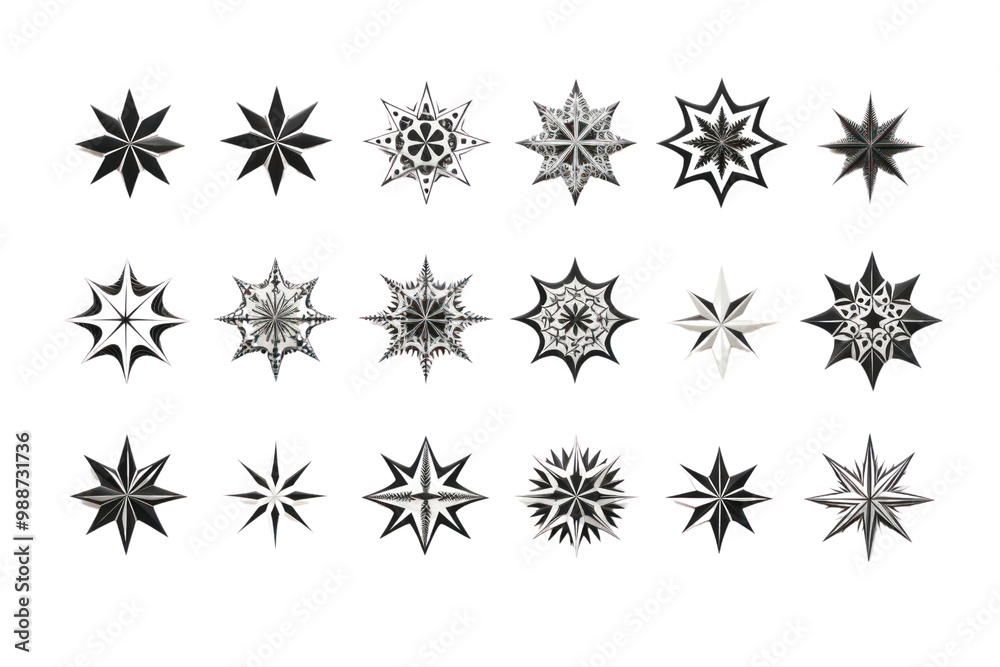 An assortment of simple and intricate star symbols in black and white ...