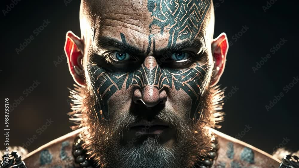 Intense close-up of fierce warrior with face tattoos and beard ...
