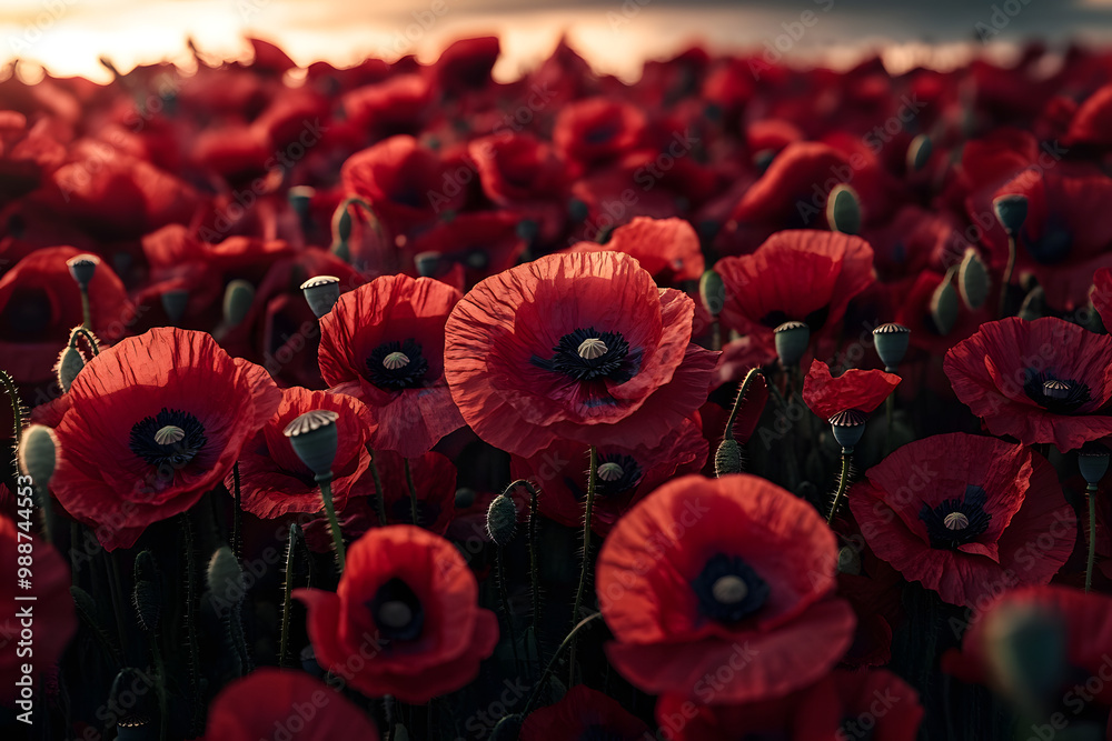 A vibrant field filled with dark red poppies serves as a powerful ...