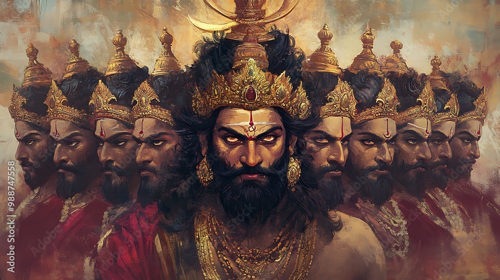 A depiction of the Hindu deity Ravana, a ten-headed demon king. Stock ...