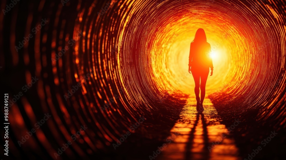 Abstract human figure walking towards a bright light in a dark tunnel ...