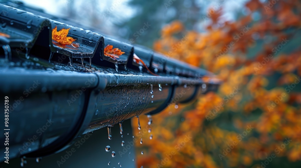 Rainwater droplets cascade from a roof gutter, framed by vibrant autumn ...