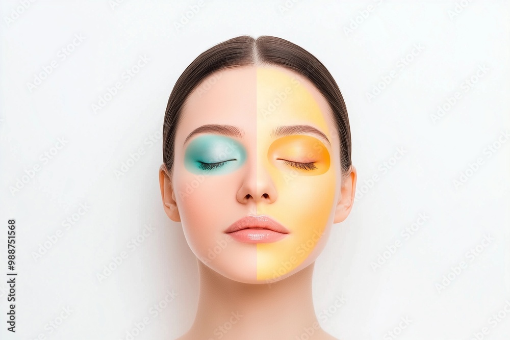 Woman with Clean Face Showing Color-Coded Zones for Different Skincare ...
