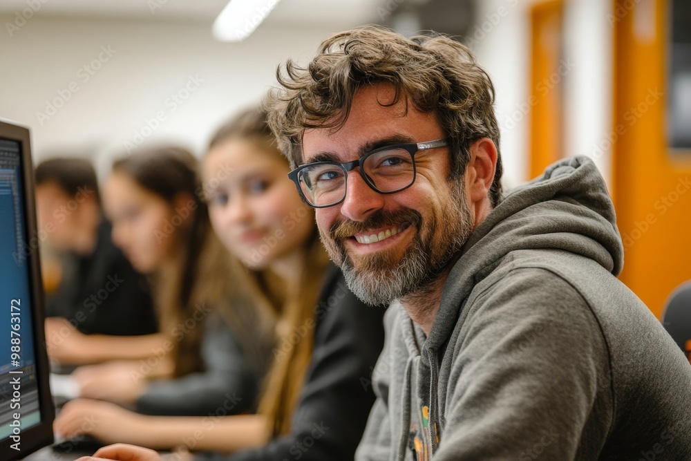 Computer science teacher and his students during class at high school ...