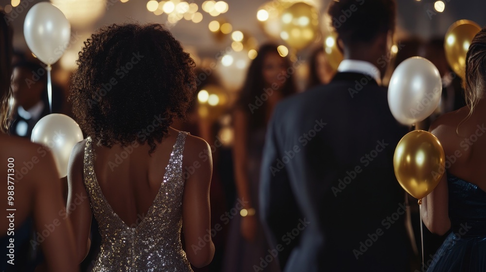 Group of multi-ethnic teenagers at prom, wearing formal prom dresses ...