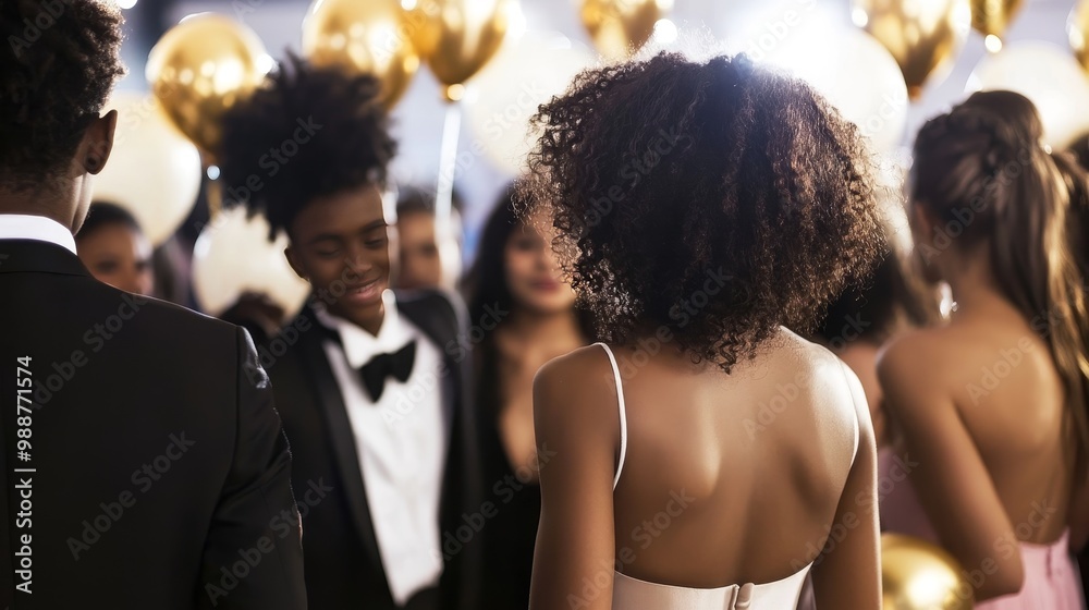 Group of multi-ethnic teenagers at prom, wearing formal prom dresses ...