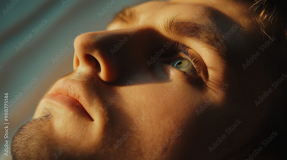 a photo of the face of an insomnia man, his eyes are wide open and ...