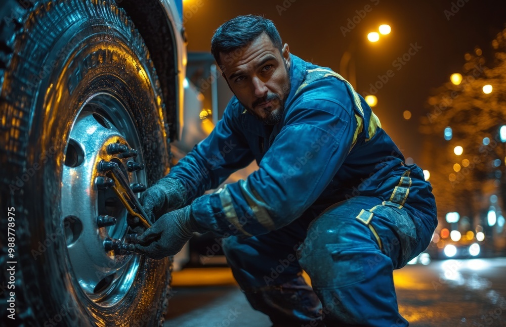 Mechanic in blue overalls holding tools, standing beside semi-truck ...