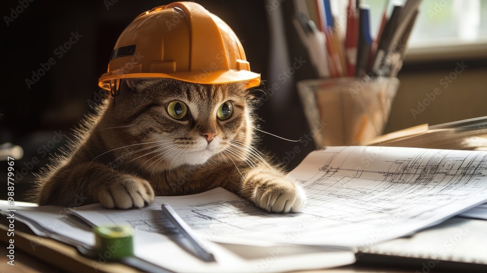 Cat dressed as an engineer, working hard on a set of detailed ...